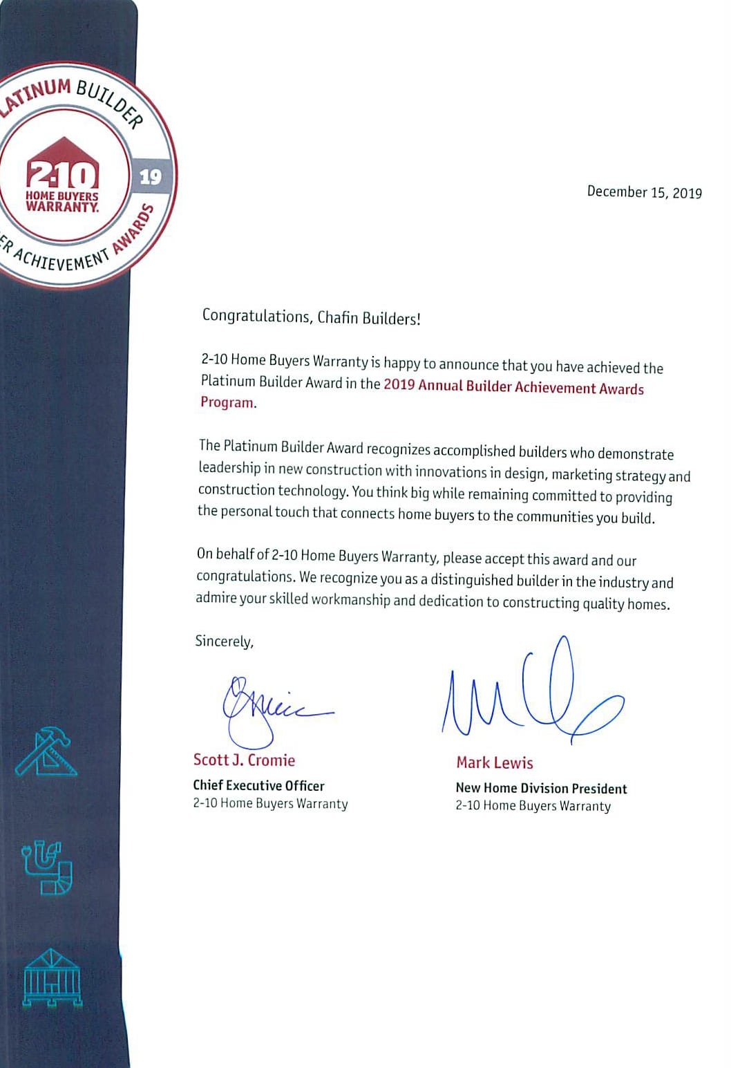 Platinum Builder Award recognizes accomplished builders
